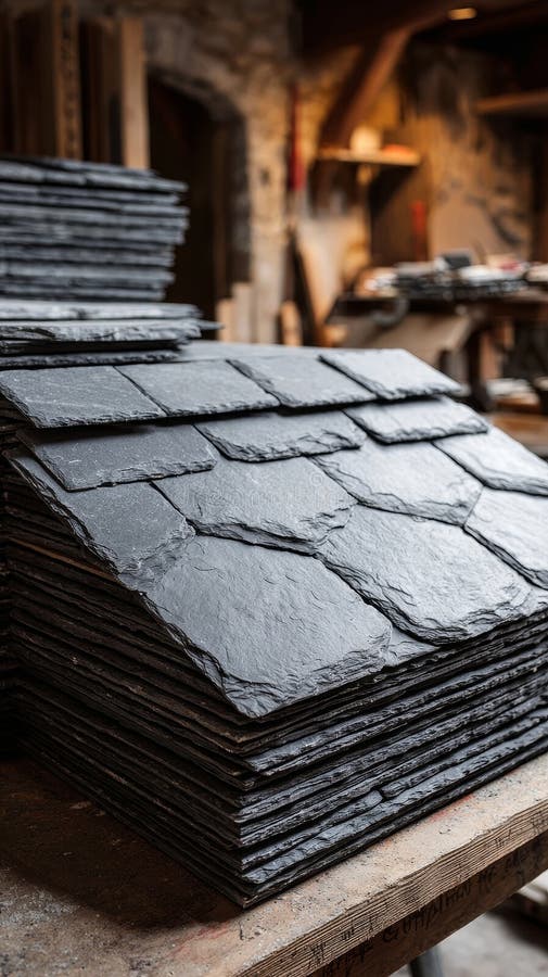 Stacked Natural Slate Tiles in Rustic Workshop Setting Stock Image ...