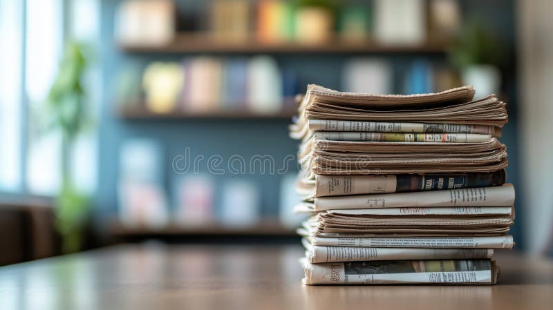 Stacked Newspapers on Table, Modern Library Background, Natural Light ...