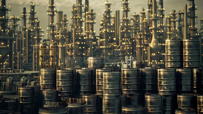 Stacked Oil Barrels Against a Refinery Backdrop Symbolizing Fluctuating ...