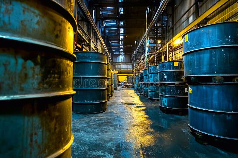 Stacked Oil Barrels in a Spacious Warehouse, Highlighting the Scale and ...