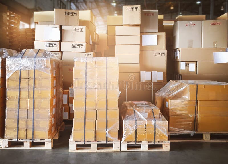 Stacked of Package Boxes on Pallets in Storage Warehouse. Cargo ...