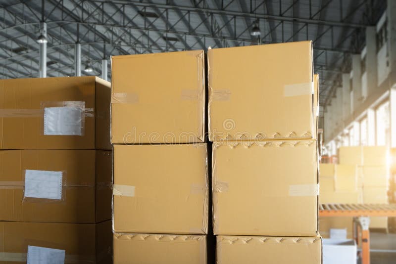 Stacked of Package Boxes in Storage Warehouse. Cargo Shipment ...