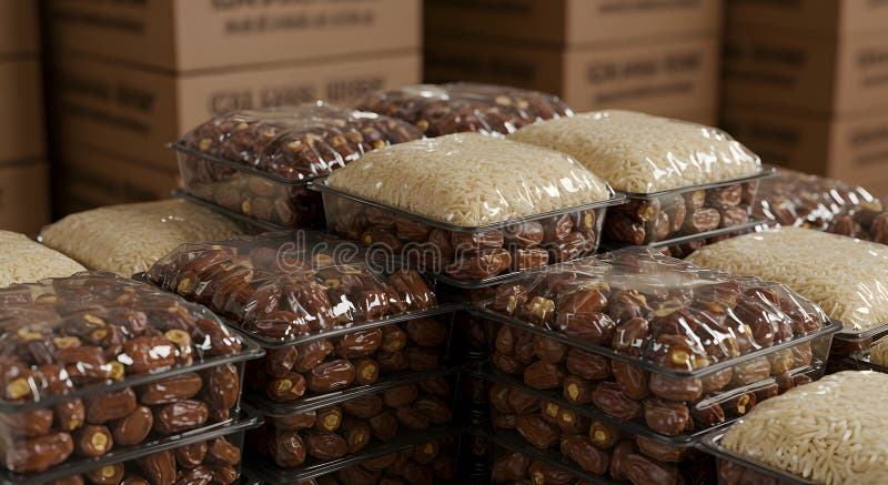 Stacked Packages of Dates and Rice in Warehouse Stock Photo - Image of ...