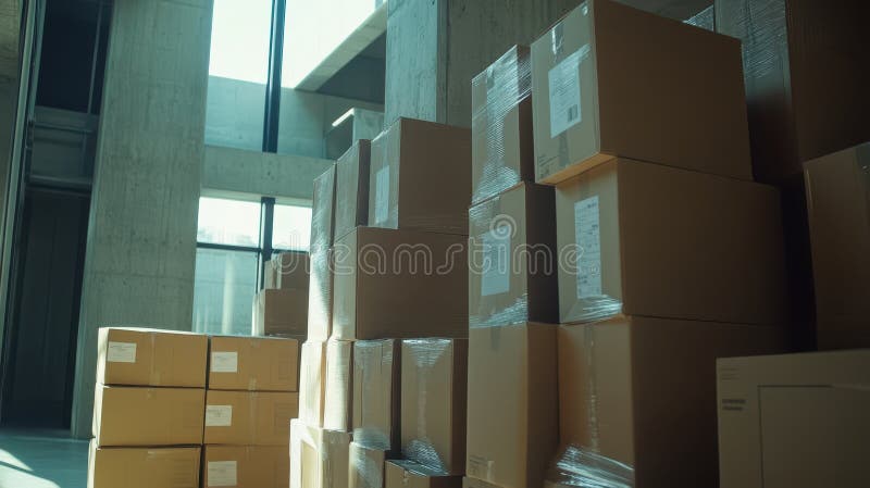 Stacked Packages. Shipment Boxes in Warehouse Ready for Delivery ...
