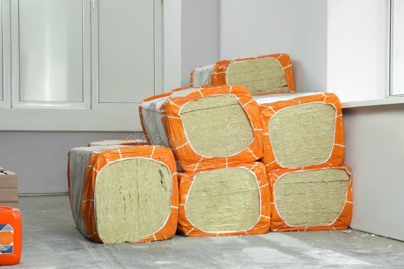 Stacked Packages of Thermal Insulation Material in Room Stock Image ...