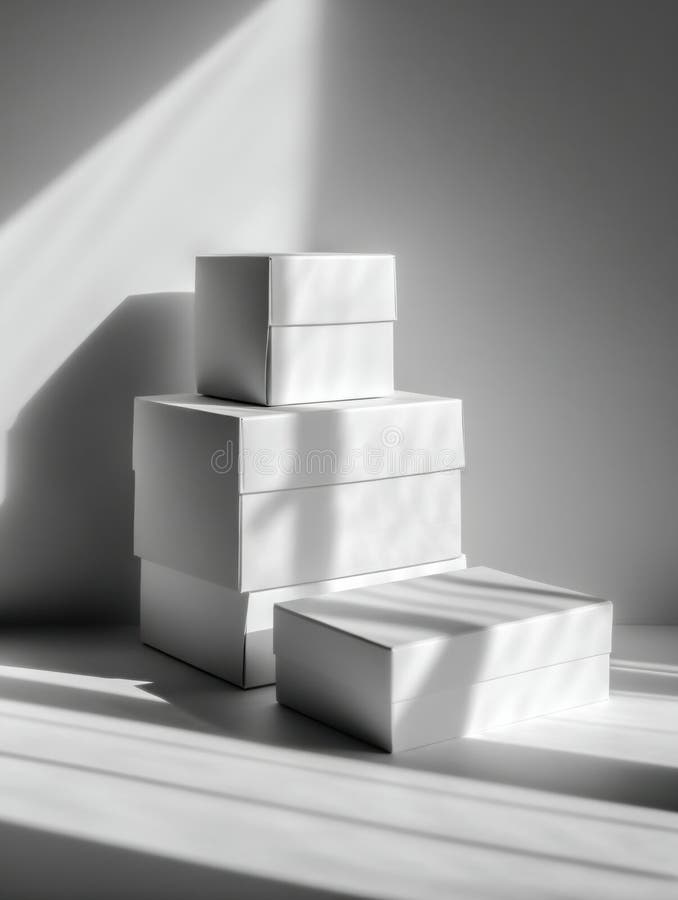 Stacked Packaging Boxes in a Clean White Studio with Shadows Creating ...