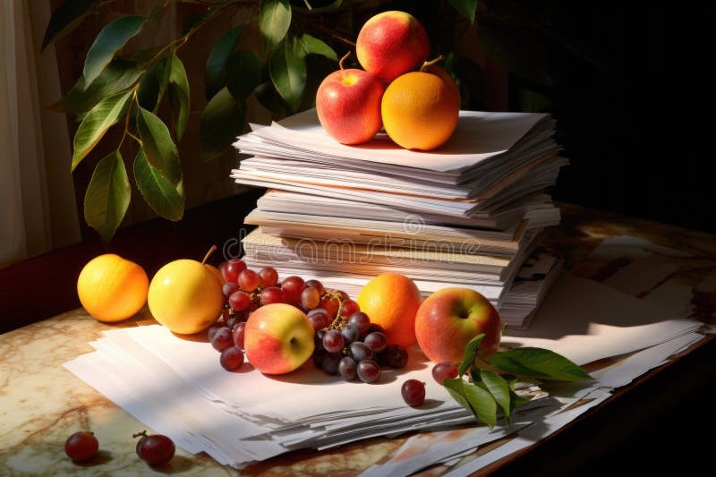 Stacked Paper Documents on a Table with a Side of Fruit Stock Image ...