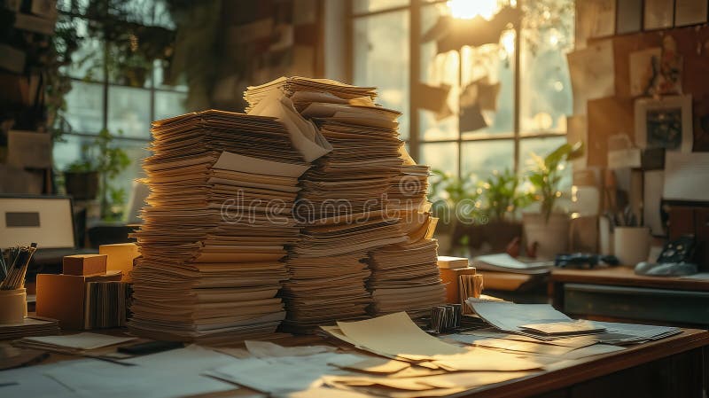 Stacked Paper Piles in Sunlit Workspace with Creative Clutter Stock ...