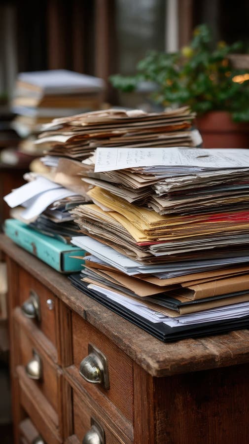 Stacked Papers and Documents on a Wooden Cabinet, Representing Overload and Organization ...