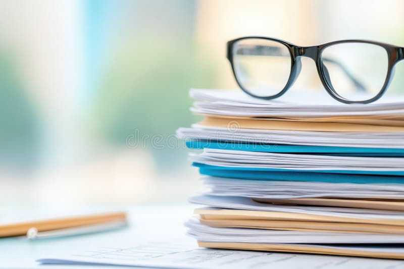 Stacked Paperwork with Eyeglasses Resting on the Top in a Bright Office ...