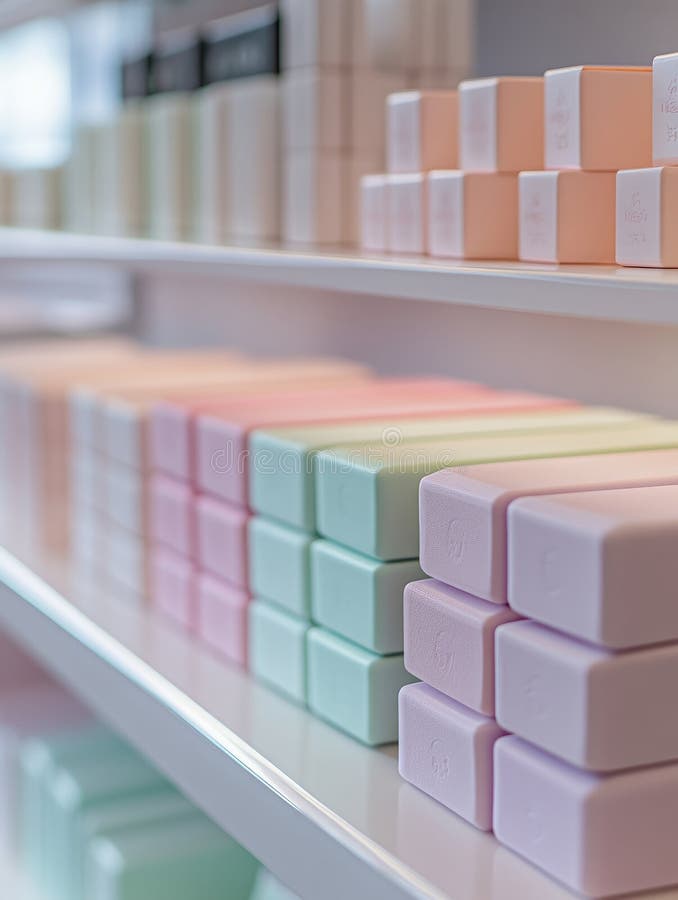 Stacked Pastel Soaps on White Shelves Stock Photo - Image of hygiene ...
