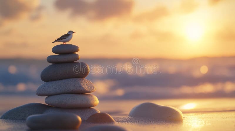 Stacked Pebbles with a Bird at Sunset on the Beach. Serenity and Nature ...