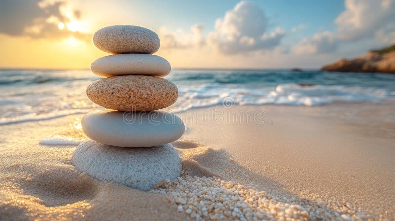 Stacked Pebbles on Sandy Beach at Sunrise, Tranquility and Balance ...