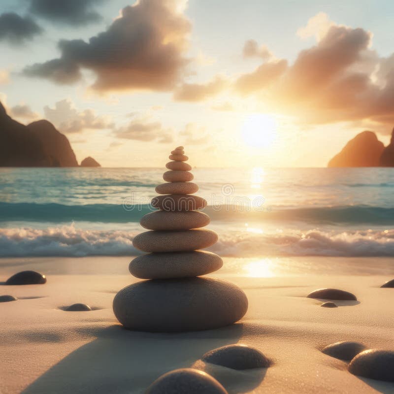 Stacked Pebbles Sandy Beach Sunset Ocean Waves Zen Meditation Concept Stock Photos - Free ...