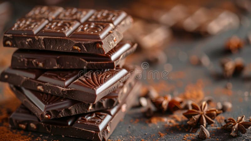Stacked Pieces of Dark Chocolate with Decorative Patterns Stock Image ...