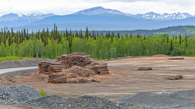 Stacked Piles of Timber Rest in a Forest Setting, Surrounded by Green ...