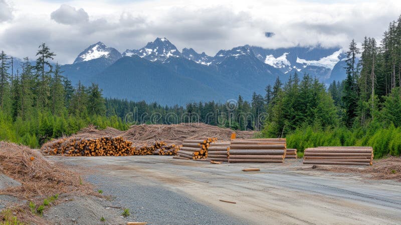 Stacked Piles of Timber Rest in a Forest Setting, Surrounded by Green ...