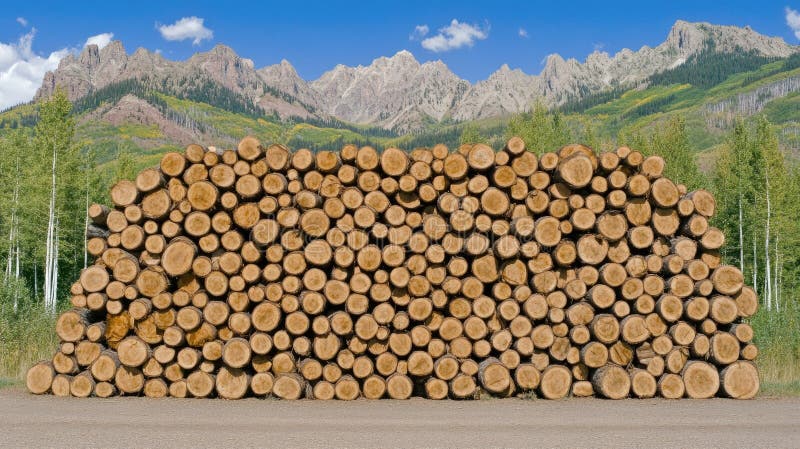 Stacked Piles of Timber Rest in a Forest Setting, Surrounded by Green ...