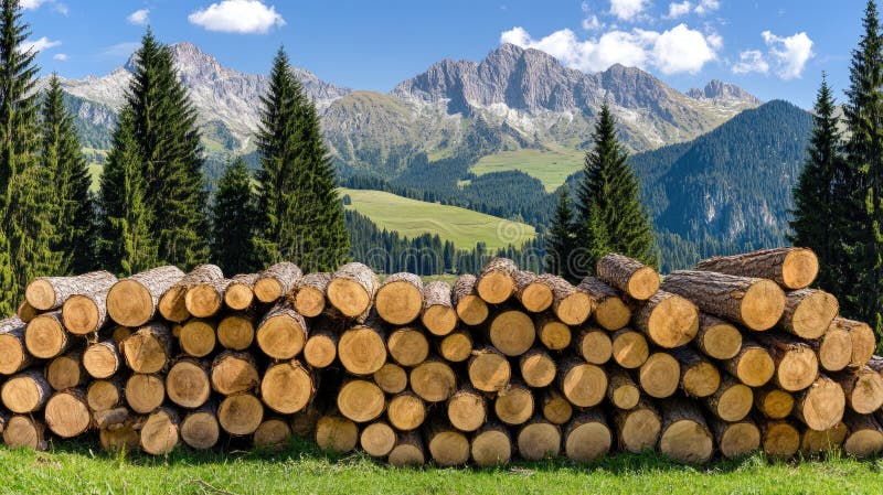 Stacked Piles of Timber Rest in a Forest Setting, Surrounded by Green ...