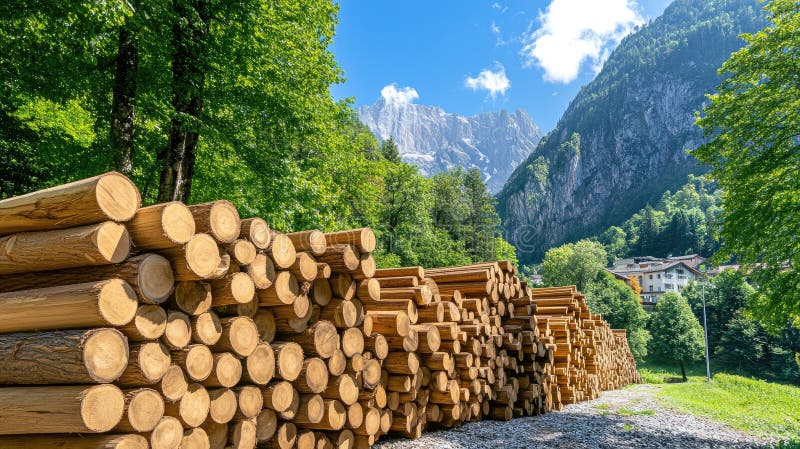 Stacked Piles of Timber Rest in a Forest Setting, Surrounded by Green ...