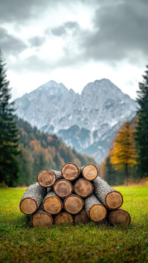 Stacked Piles of Timber Rest in a Forest Setting, Surrounded by Green ...