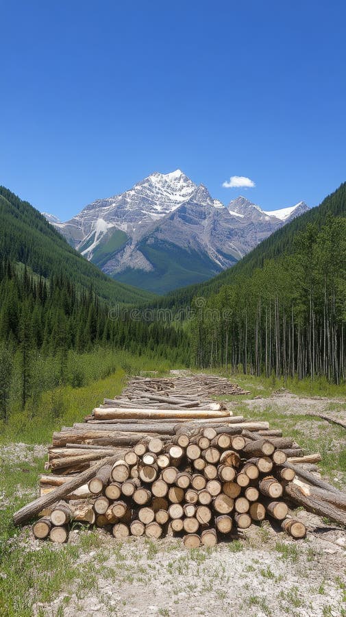 Stacked Piles of Timber Rest in a Forest Setting, Surrounded by Green ...