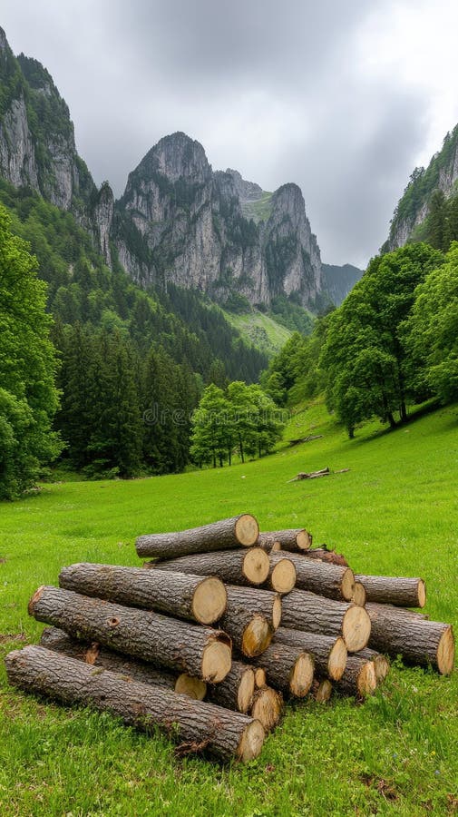 Stacked Piles of Timber Rest in a Forest Setting, Surrounded by Green ...
