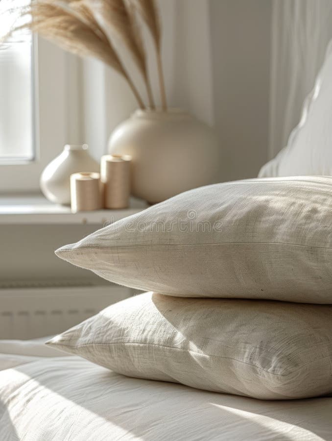Stacked Pillows with Soft Natural Light in a Minimalistic Bedroom ...