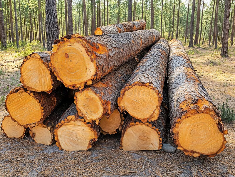 Stacked Pine Logs in Forest Clearing Stock Illustration - Illustration ...