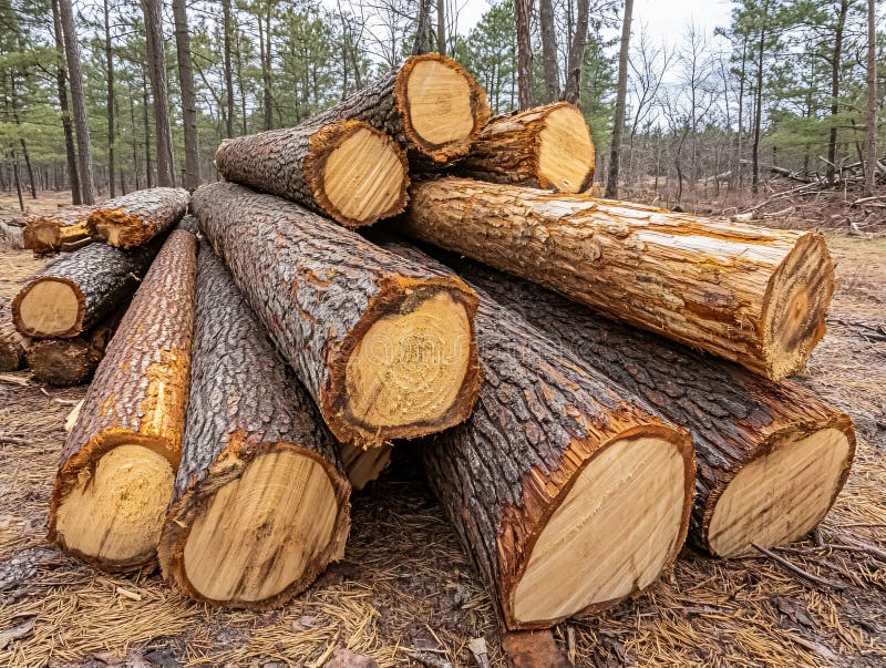 Stacked Pine Logs in Forest Clearing Stock Illustration - Illustration ...