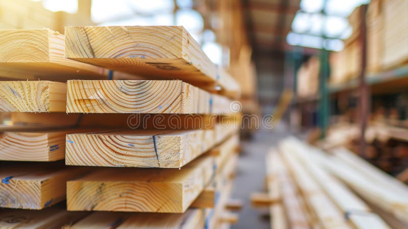 Stacked Pine Timber Planks on Shelves in a Construction Warehouse with ...