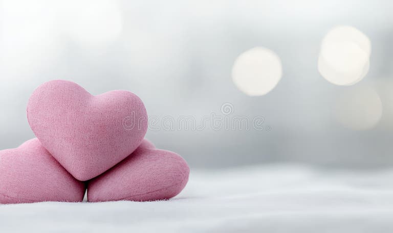 Stacked Pink Heart-shaped Plushies on White Surface with Blurred Light Backdrop Stock ...