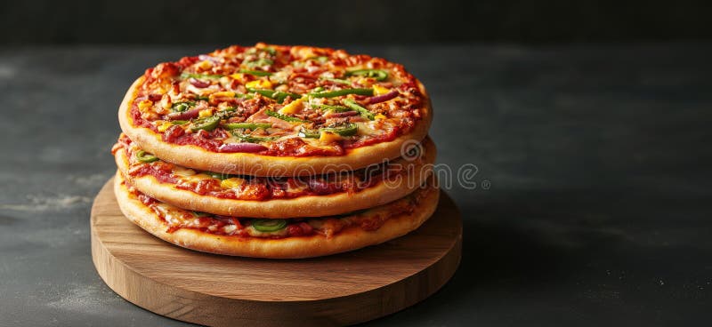 Stacked Pizzas with Toppings, Cheese, Vegetables, Meats, Copy Space for ...