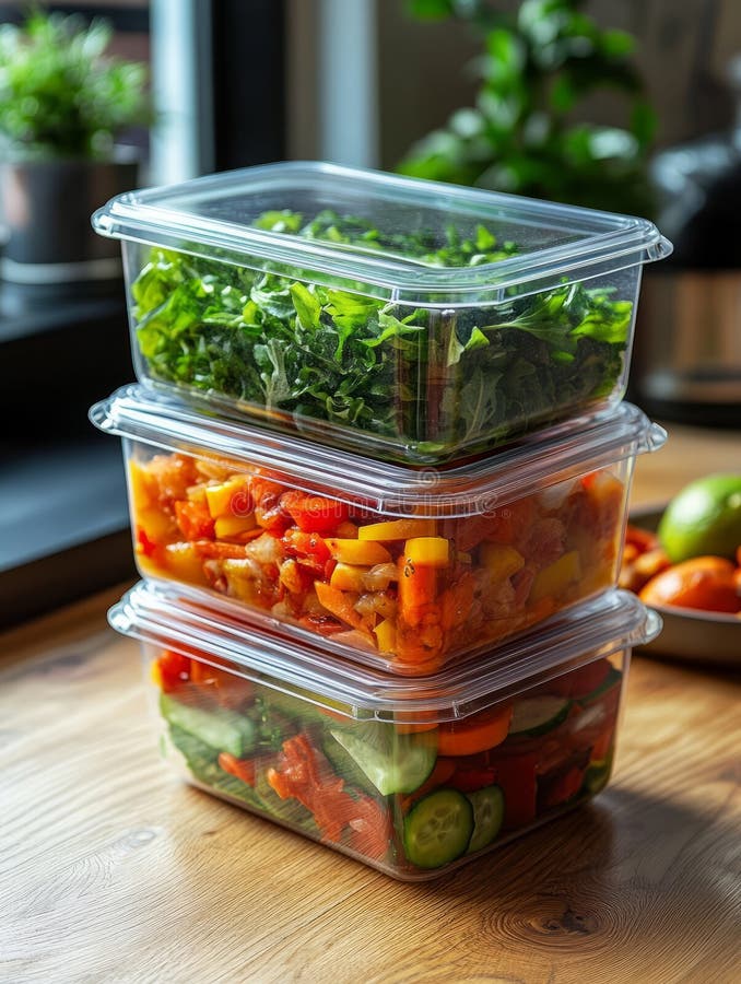 Stacked Plastic Containers with Fresh Chopped Vegetables Stock Photo ...