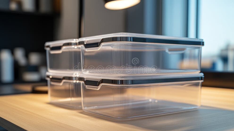 Stacked Plastic Containers in Modern Kitchen Setting. Stock Image ...
