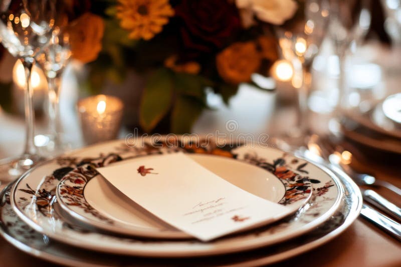 A Stacked Plate Setting with a Menu Card and Silverware Stock ...