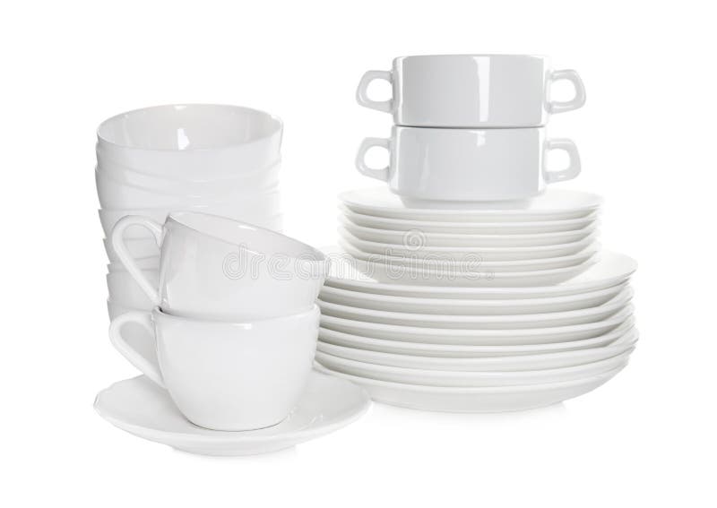 Stacked Plates and Cups on White Background Stock Photo - Image of ...