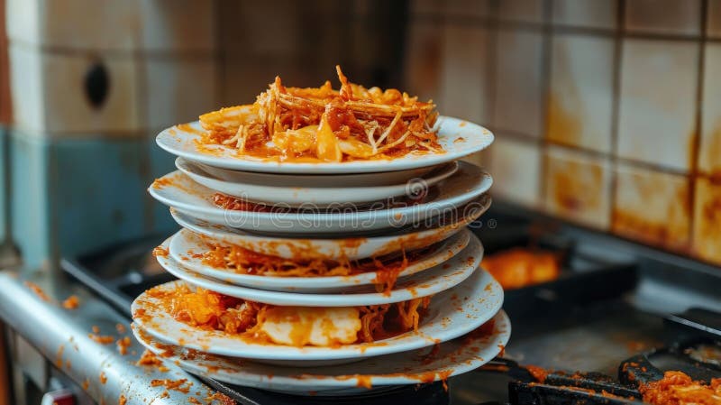 Stacked Plates with Leftover Food in a Busy Kitchen after a Large Meal ...