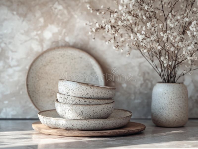 Stacked Plates on Table stock image. Image of arrangement - 375766051