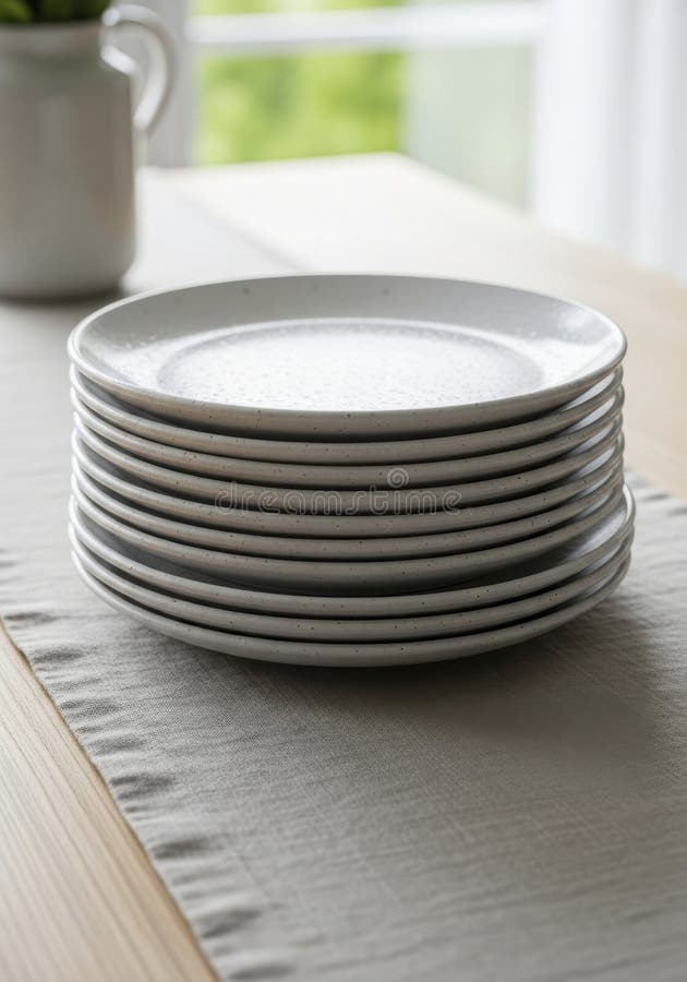 Stacked Plates on a Table Setting with Neutral Linen Stock Illustration ...