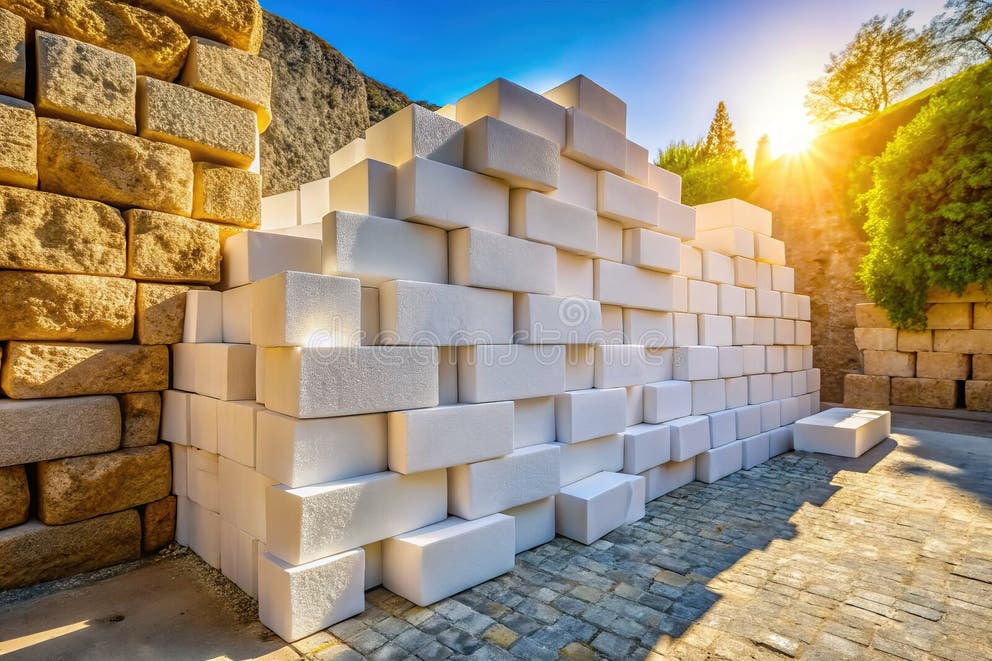 Stacked Polystyrene Foam Blocks Against a Rustic Stone Wall Sustainable ...
