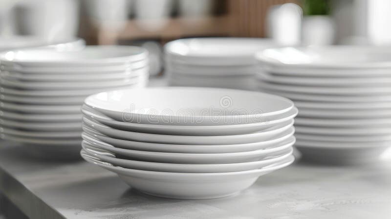Stacked Porcelain Dining Plates on a Kitchen Counter in a Bright Space ...