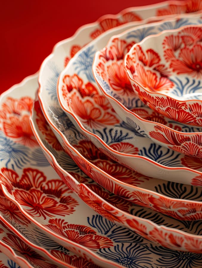 Stacked Porcelain Plates with Red and Blue Floral Patterns Stock Photo ...