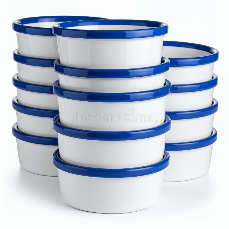 Stacked Ramekins in Crisp White with Striking Blue Rims Create Visual ...