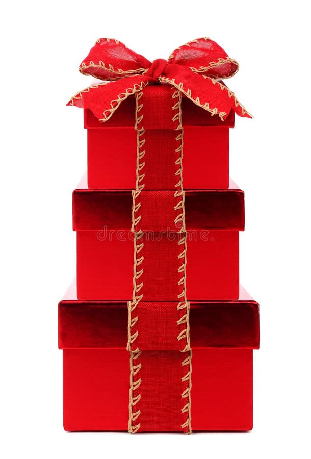 Stacked Red Christmas Gift Boxes with Red Bow and Ribbon on White Stock ...