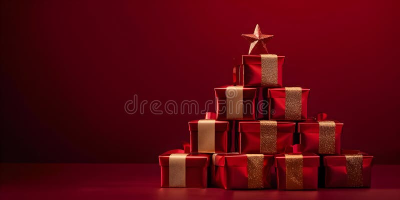 Stacked Red Gift Boxes with Glittery Gold Ribbons Forming a Christmas ...