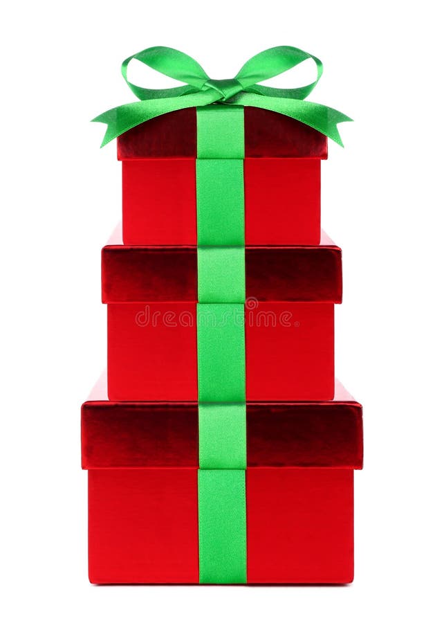 Stacked Red Gift Boxes Wrapped with Green Bow and Ribbon Isolated on ...