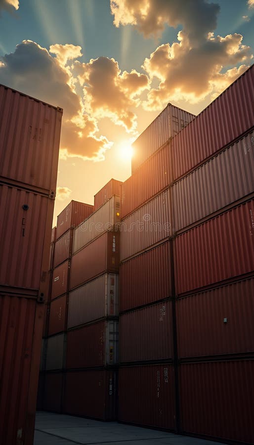 Stacked Red Shipping Containers Under Dramatic Sunset Sky in a ...