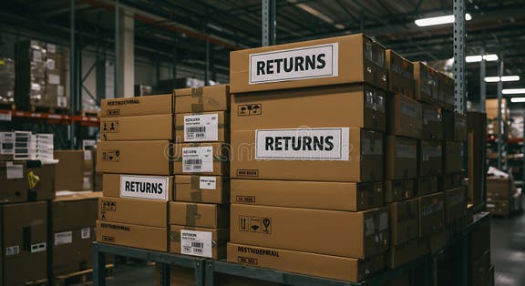 Stacked Returns Boxes in Warehouse Awaiting Processing and Sorting ...