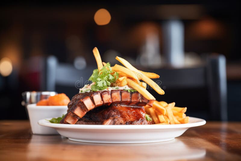 Stacked Ribs on a Plate with Fries Stock Photo - Image of generated ...